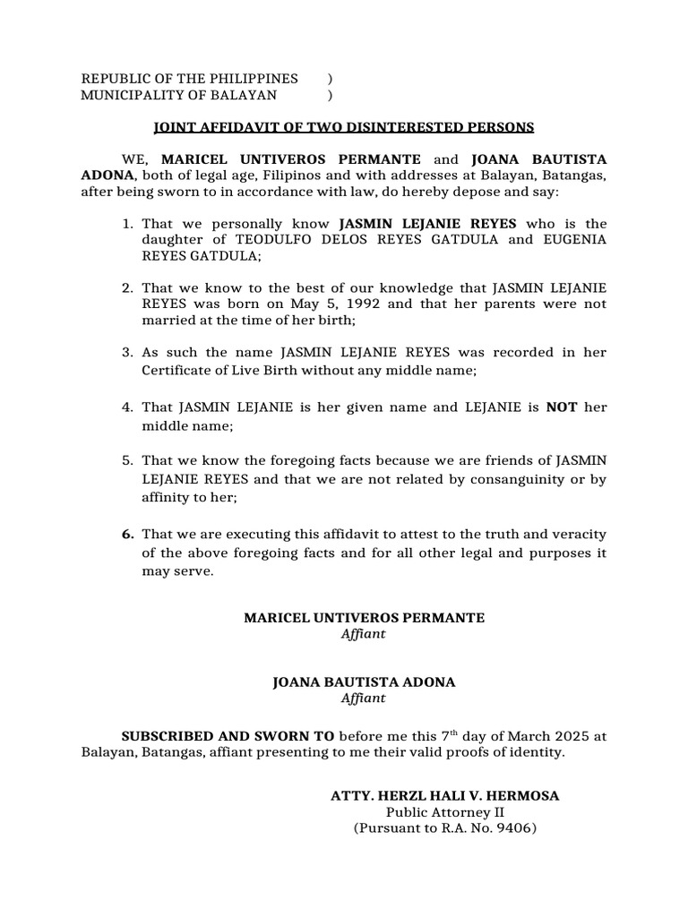 Affidavit of Two Disinterested Persons Reyes | PDF