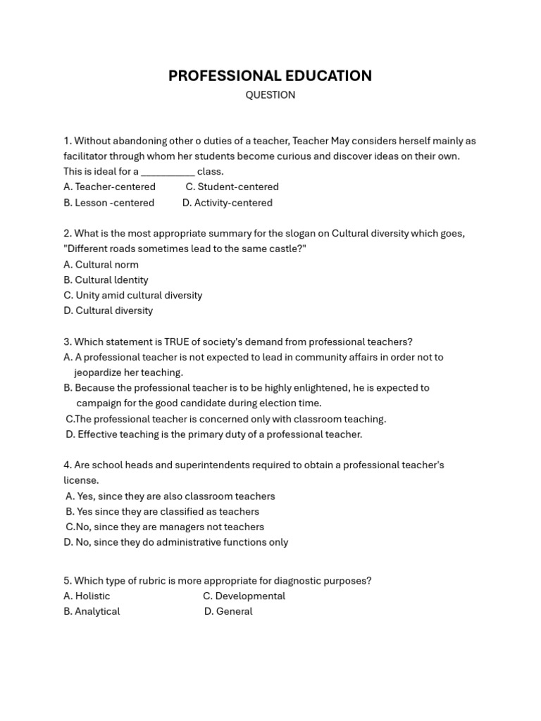 Professional Education Questions | PDF | Educational Assessment | Teachers