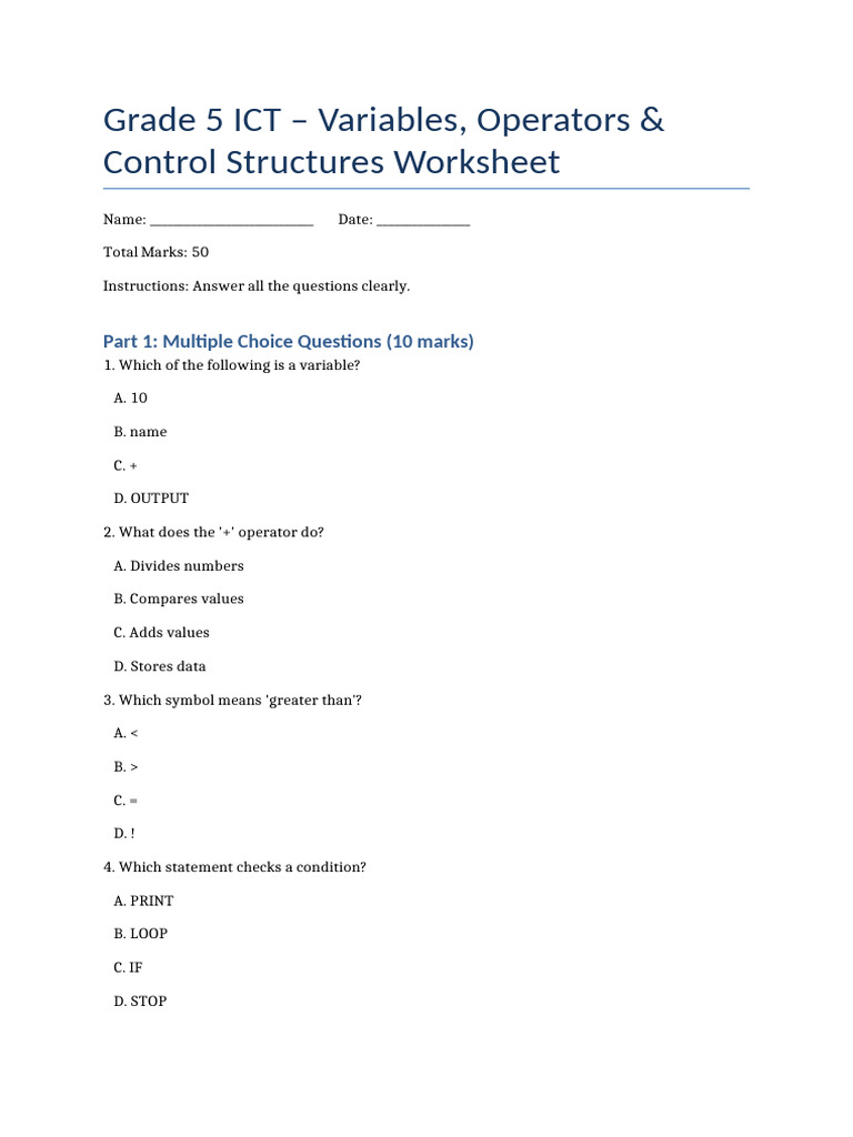 Grade 5 ICT ControlStructures Worksheet | PDF | Control Flow | Computer Program