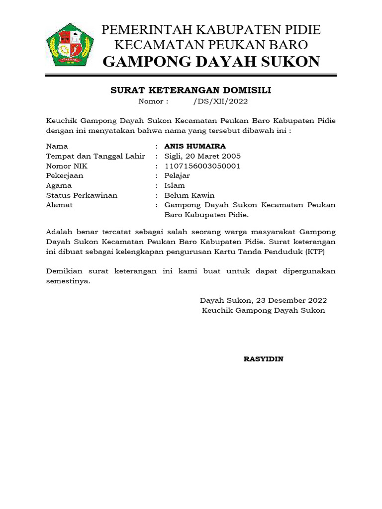 Surat Keterangan Domisili Anis Humaira | PDF