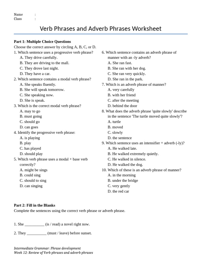 Verb Phrases Adverb Phrases Worksheet | PDF | Adverb | Verb