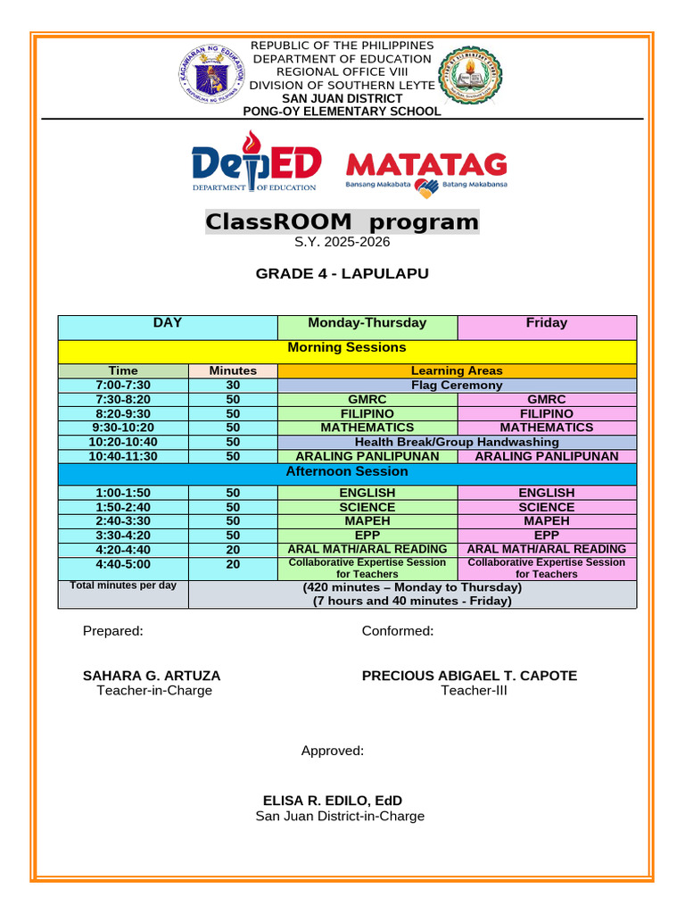 Grade 4 Class Schedule 2025-2026 | PDF