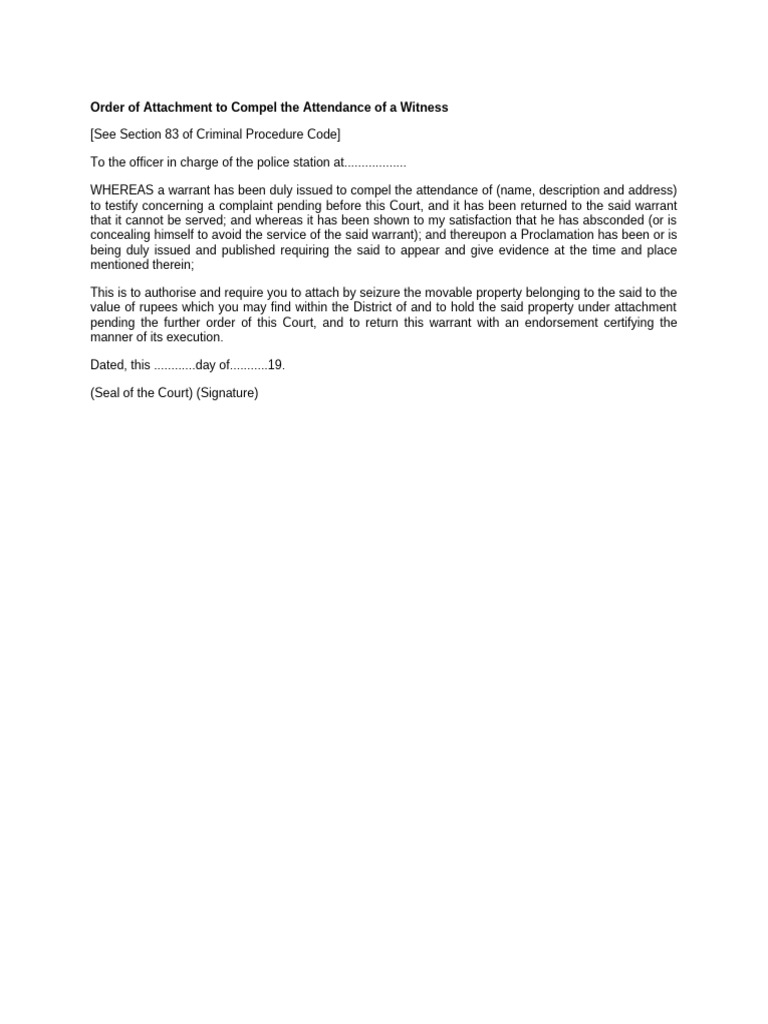 Order of Attachment To Compel The Attendance of A Witness | PDF