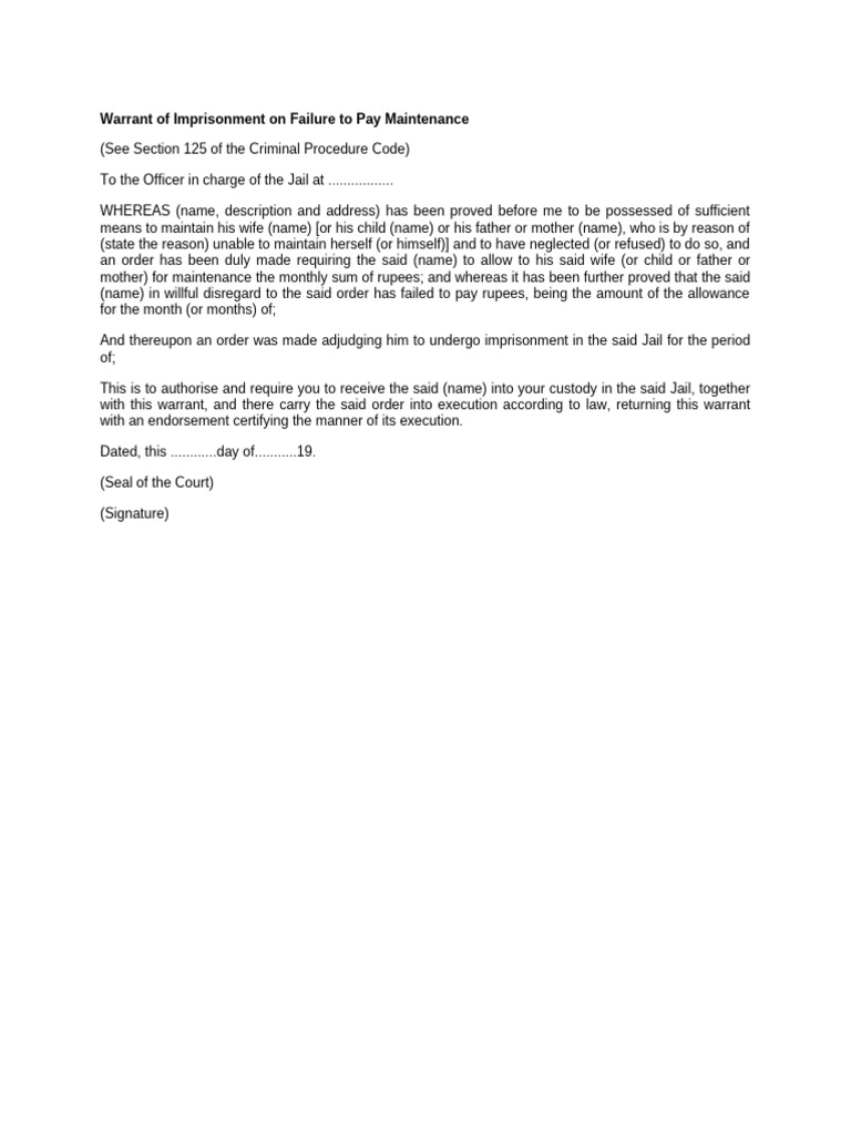 Warrant of Imprisonment On Failure To Pay Maintenance | PDF