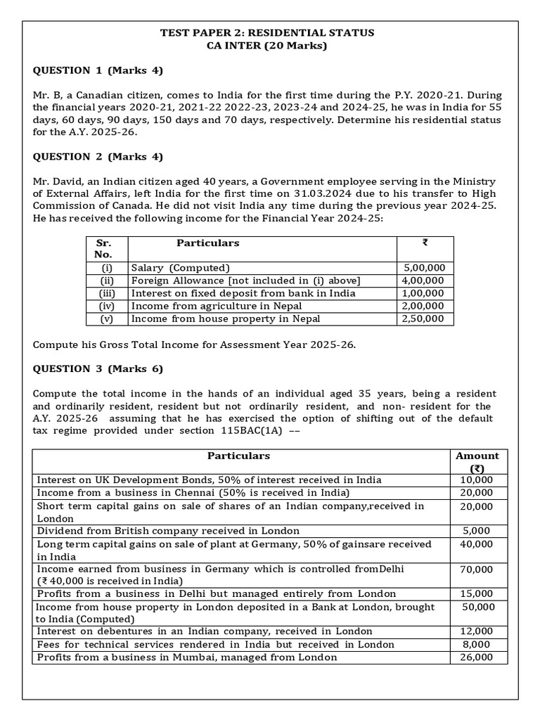 CA Inter Test Paper: Residential Status | PDF | Interest | Capital Gain