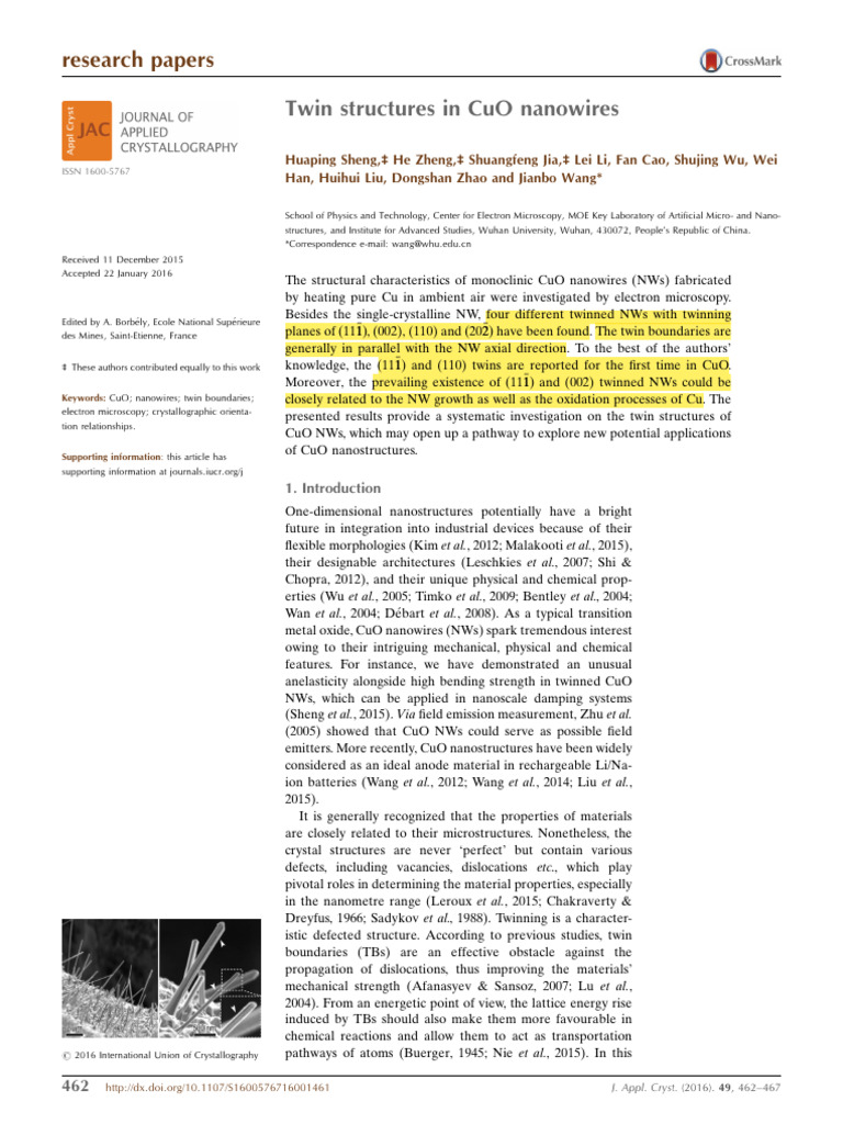 Twin Structures in CuO Nanowires - Sheng2016 | PDF | Microscope | Transmission Electron Microscopy