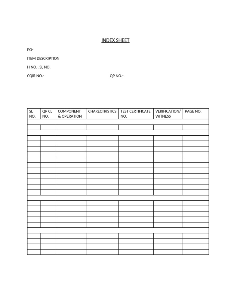 Index Sheet for Test Certificates | PDF