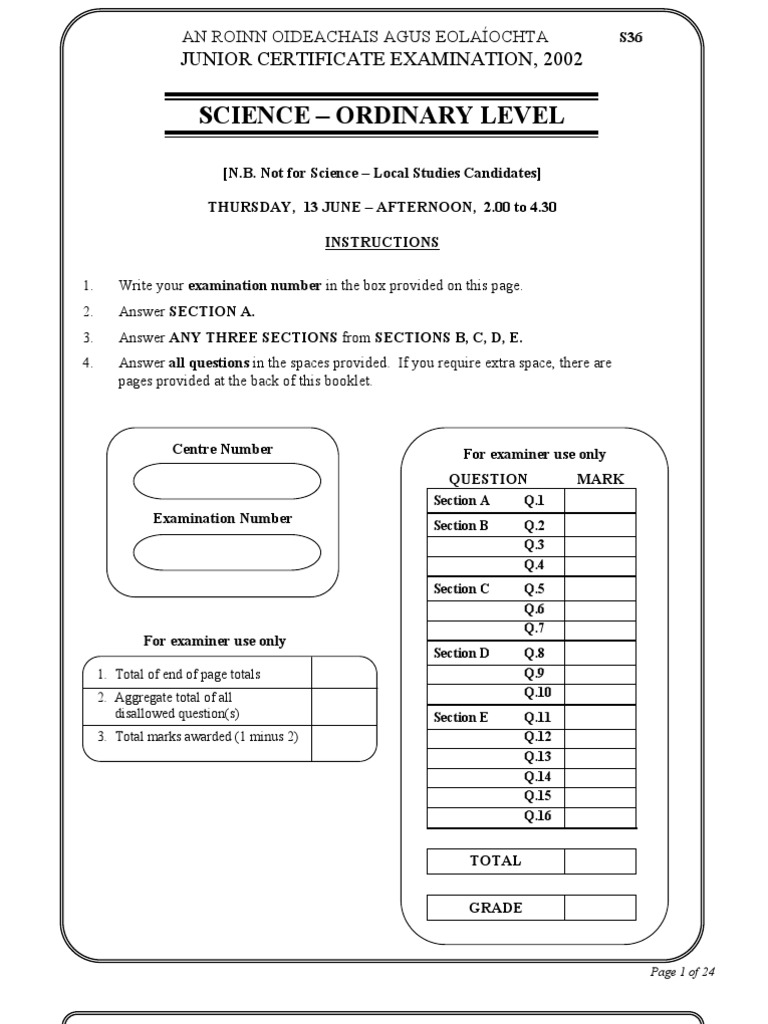 Junior Certificate Science Exam 2002 | PDF | Textiles | Blood Cell