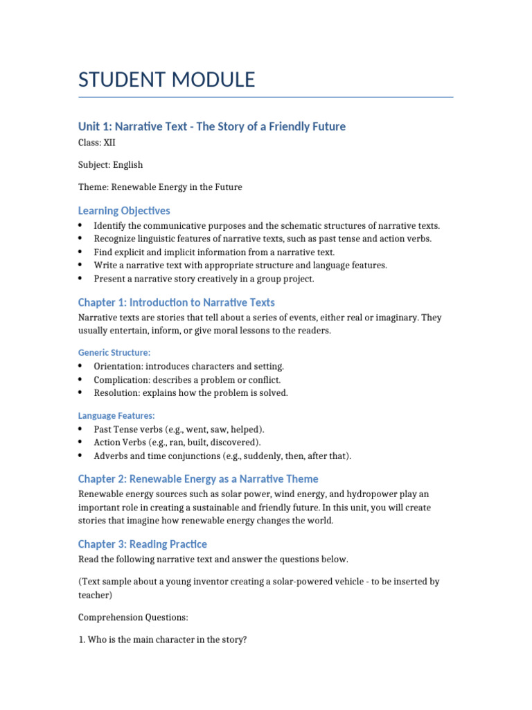 Student Module Unit 1 Narrative Text The Story of A Friendly Future | PDF | Narrative ...
