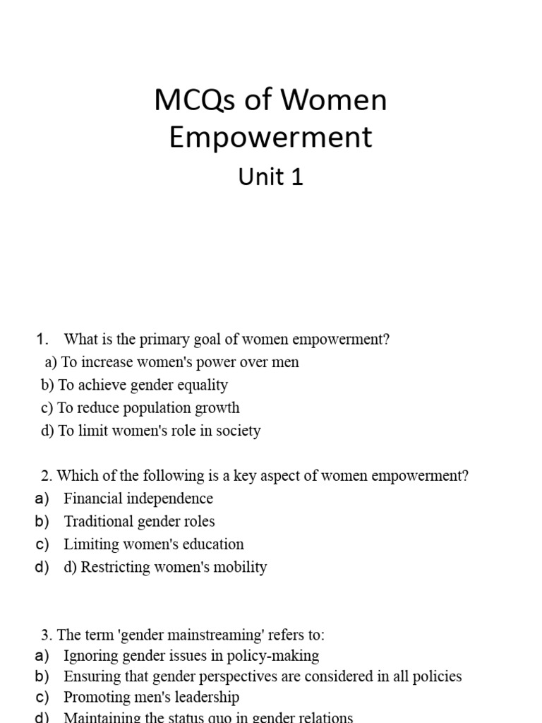 Key Concepts in Women Empowerment MCQs | PDF | Gender Studies | Gender ...