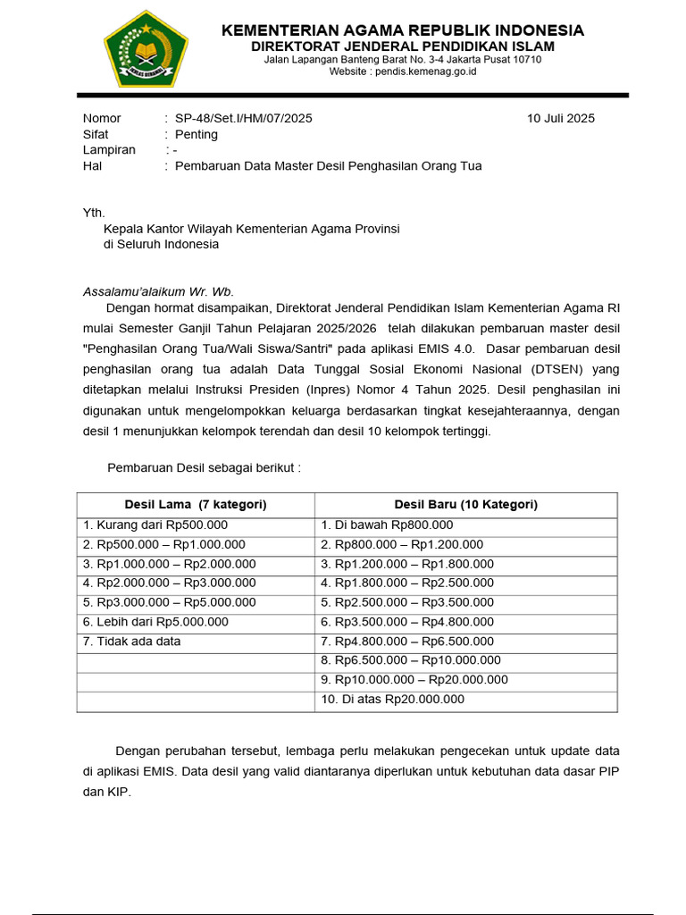 Surat Pemberitahuan Pembaruan Master Desil (Edit 9juli) | PDF