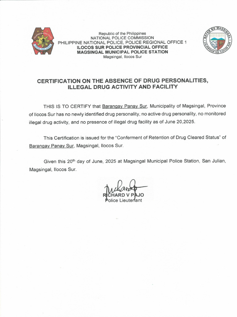 PNP Certification of The Absence of Drug Personality | PDF
