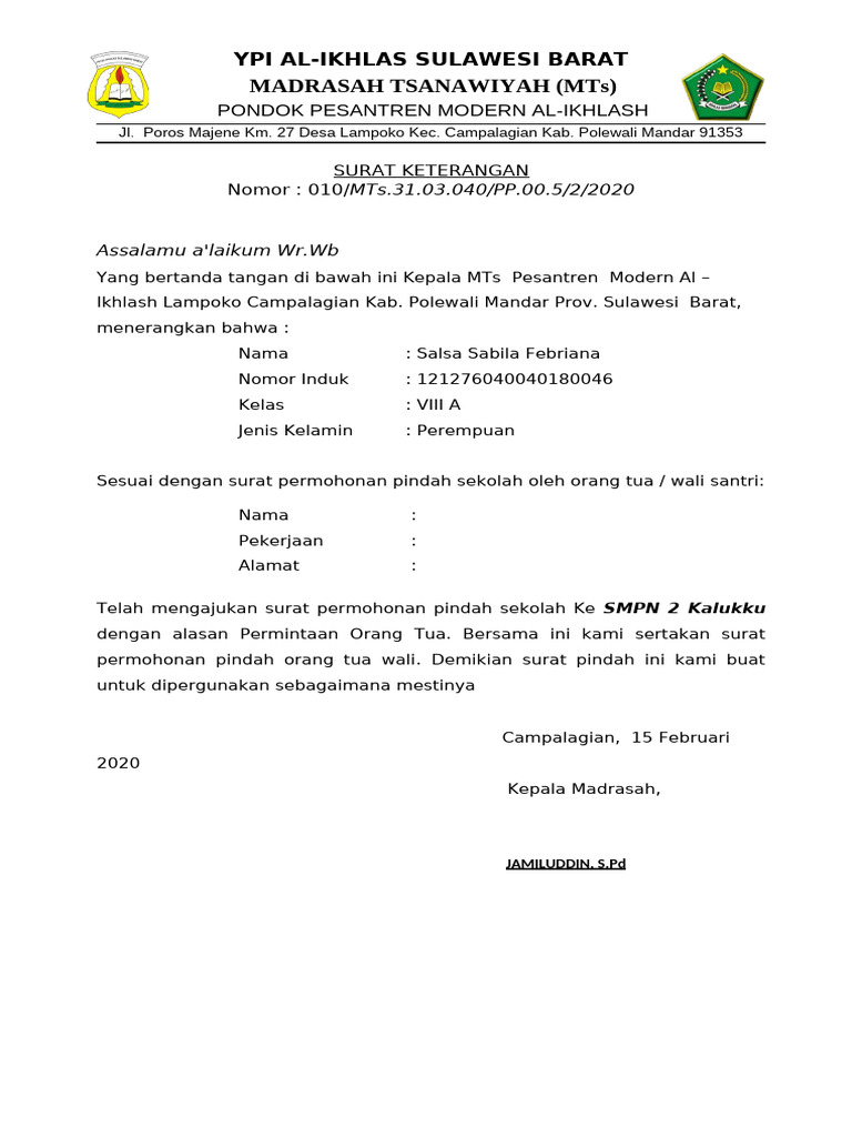 07surat Keterangan Pindah Salsa Sabila Febriana | PDF