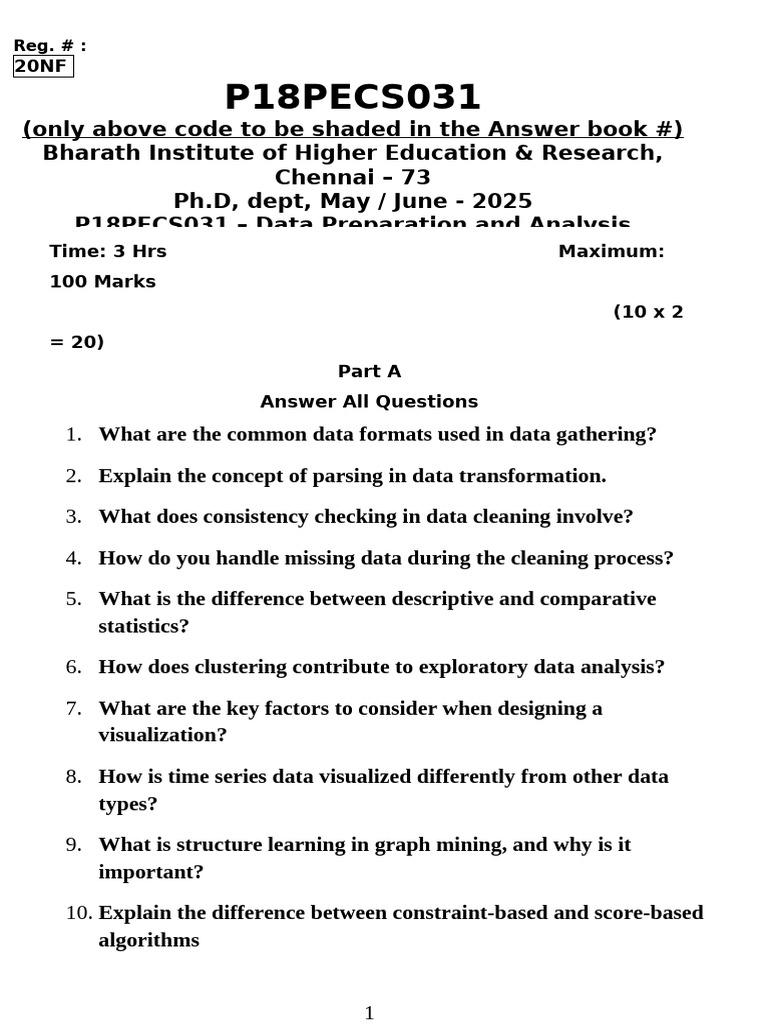 Set. No - 1 P18PECS031-Data Preparation and Analysis QP - PH.D. | PDF | Data Analysis | Statistics