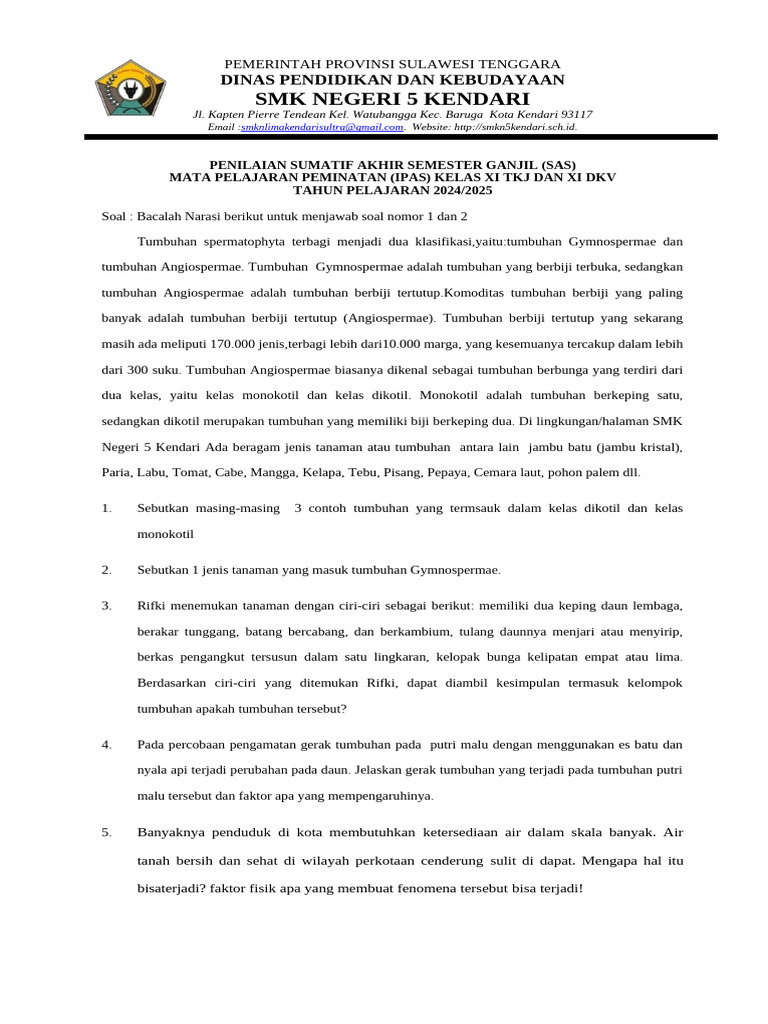 Soal Sas Mapel Ipas Kelas Xi Ganjil 2024 2025 | PDF