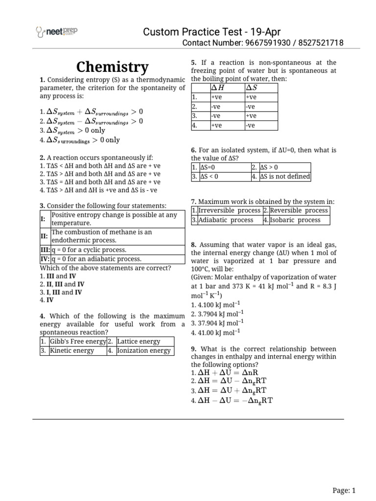 APR Chemistry Practice Test | PDF | Enthalpy | Entropy