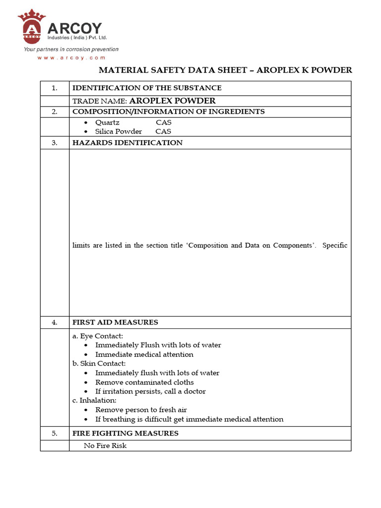 AROPLEX K Powder Safety Data Sheet | PDF | Toxicity | Chemistry