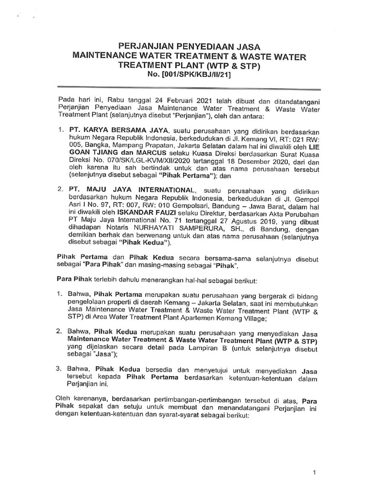 001.SPK - kbj.II.21 - Maju Jaya International - Maintenance WTP | PDF