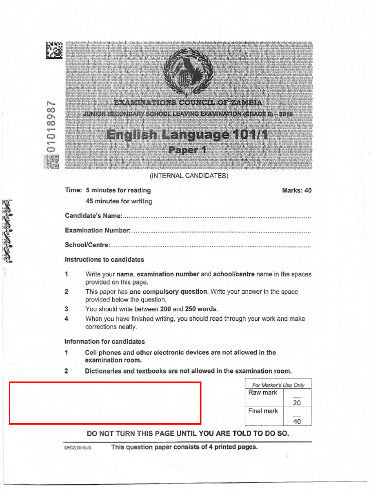 ECZ 2019 Grade 9 English Language Paper 1 | PDF