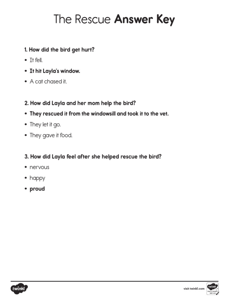 Answer Key Kindergarten The Rescue Reading Passage Comprehension ...