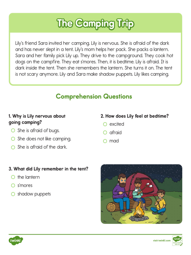 Color Kindergarten The Camping Trip Reading Passage Comprehension ...