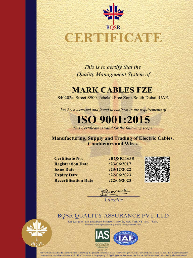 Mark Cables Fze - 9001 Certificate | PDF
