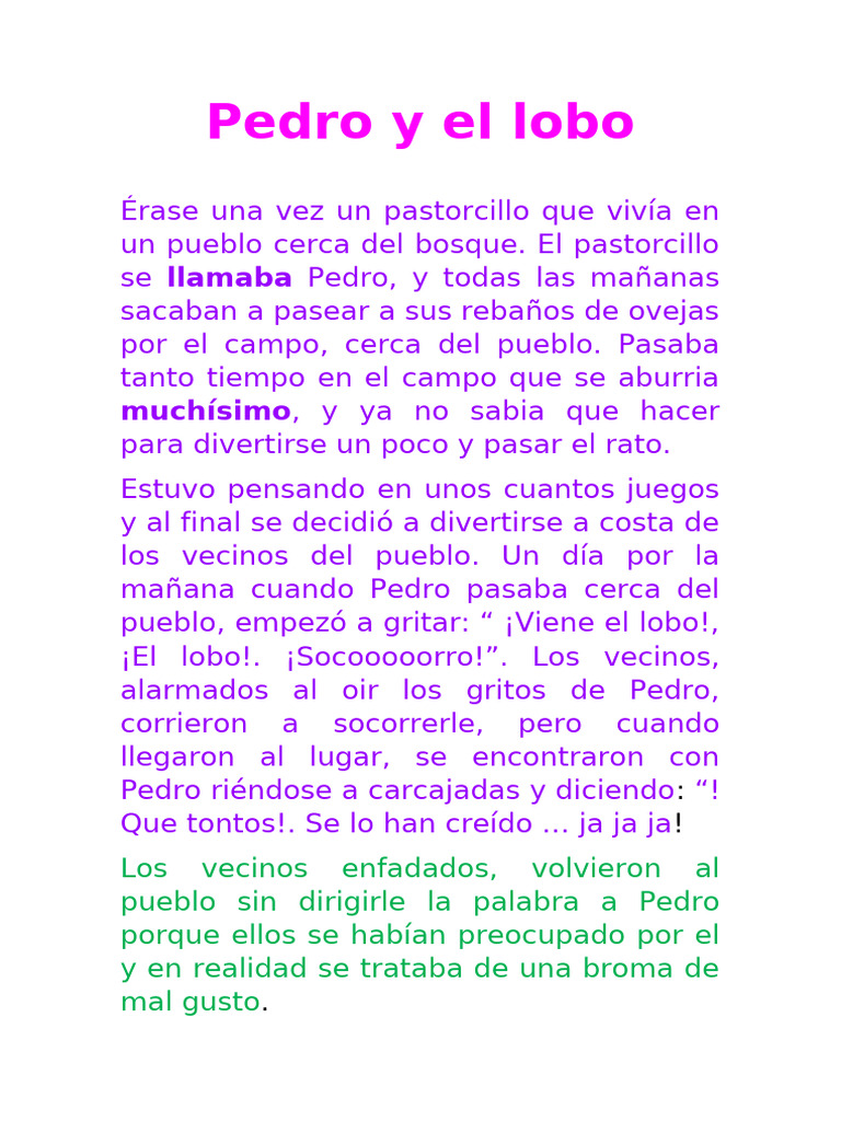 Pedro y el lobo: Cuento corto PDF | PDF