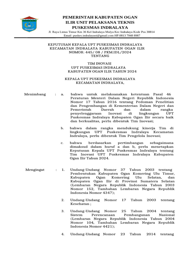 SK Inovasi Puskesmas Indralaya | PDF