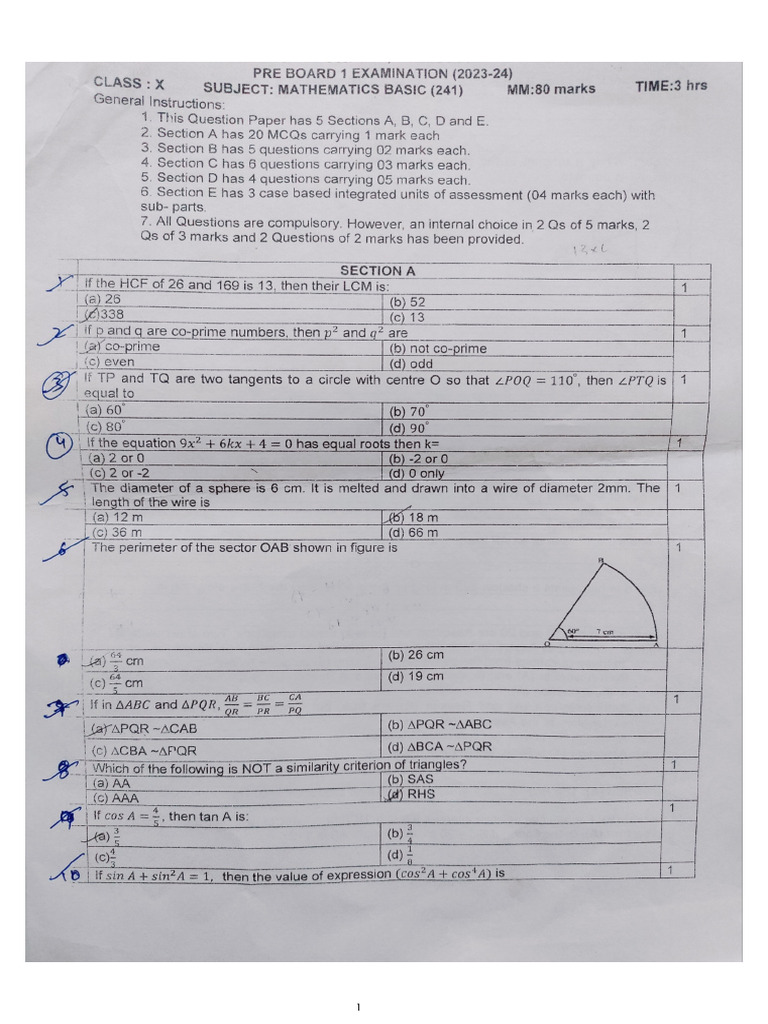 Basic Maths Pre-Board Question Paper | PDF