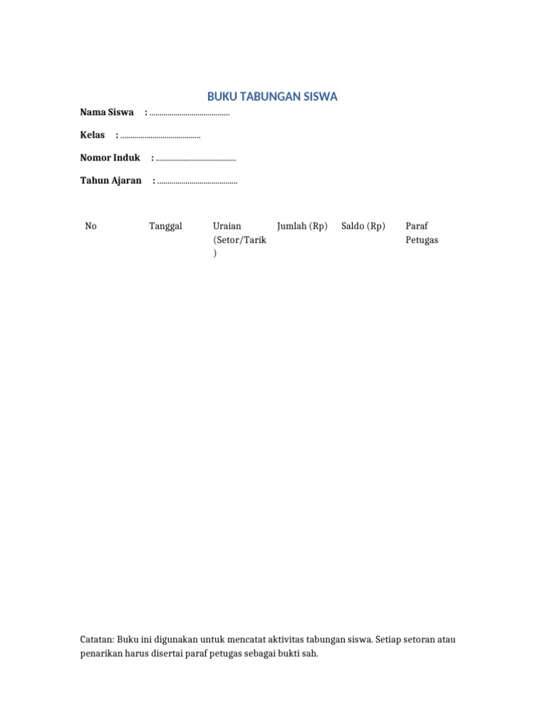 Format Buku Tabungan Siswa | PDF