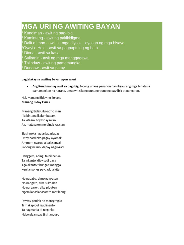Mga Uri NG Awiting Bayan | PDF