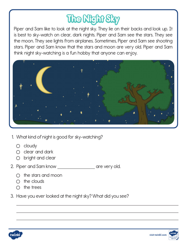 Color First Grade The Night Sky Reading Passage Comprehension Activity ...