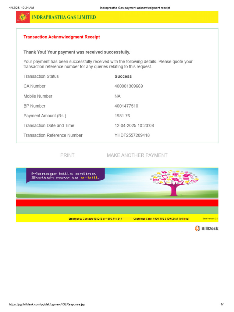Indraprastha Gas Payment Acknowledgment Receipt | PDF