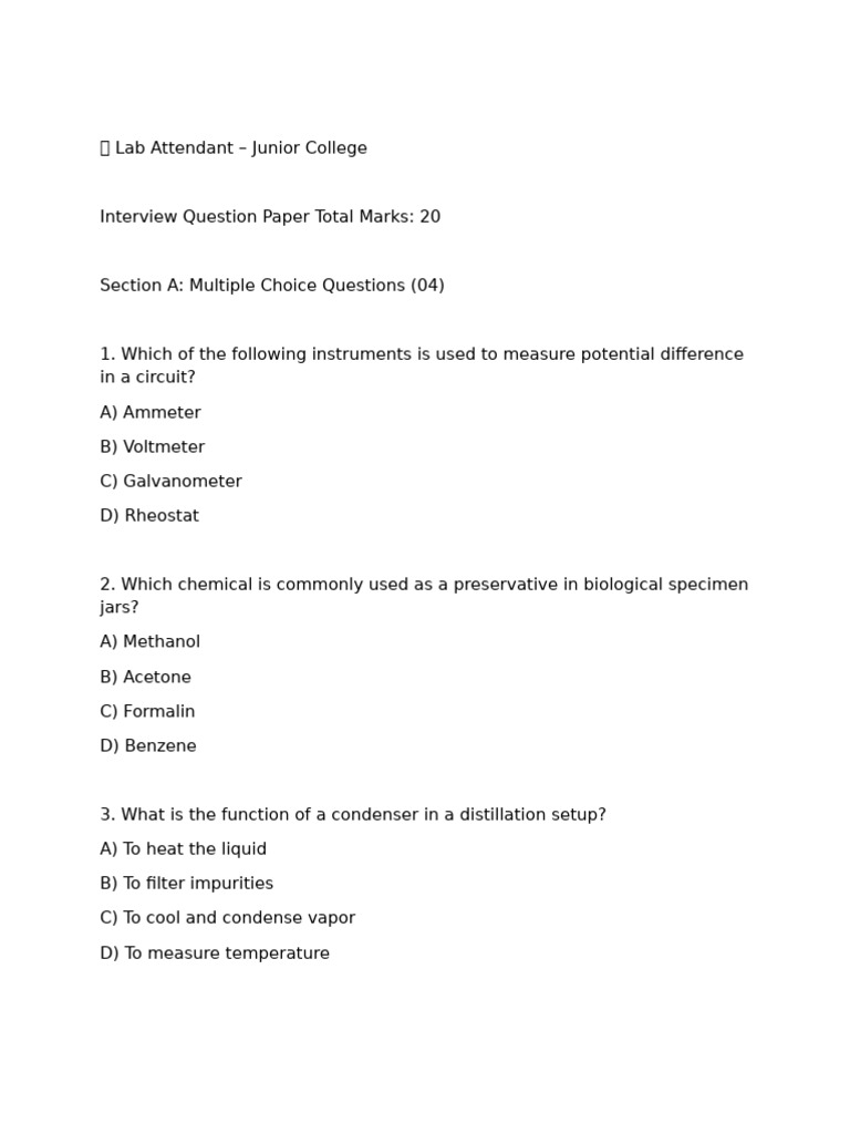 Lab Attendant Interview Question Paper 2025 | PDF
