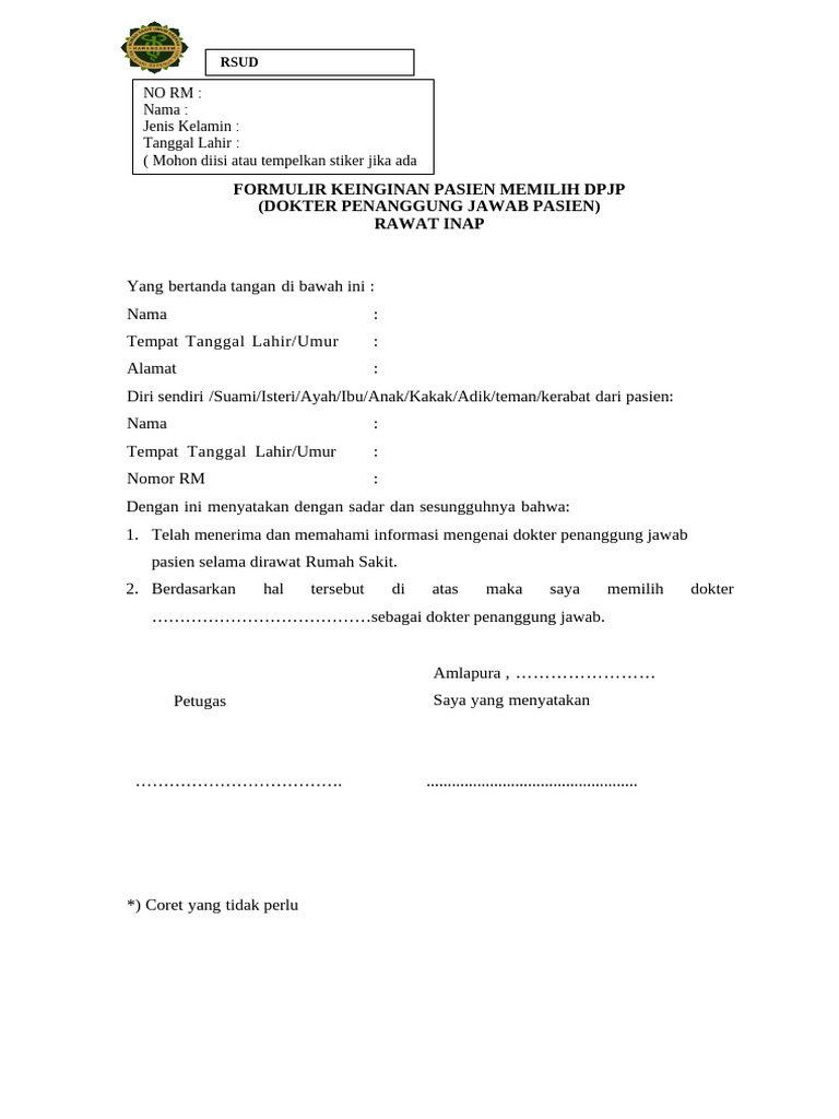 Form. Permintaan Memilih DPJP | PDF