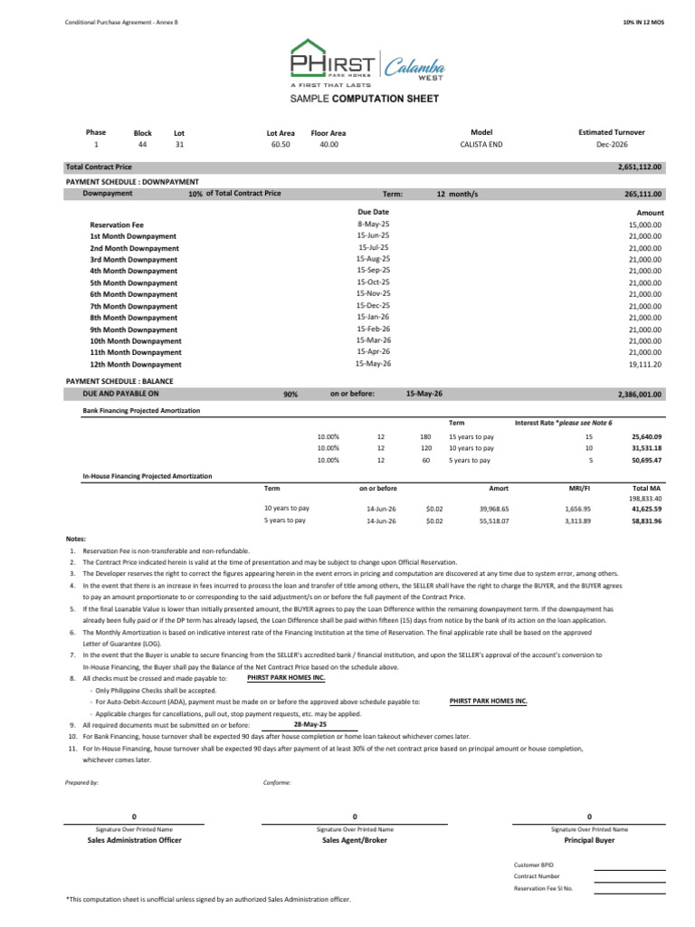 Calamba West Calista End | PDF | Down Payment | Loans