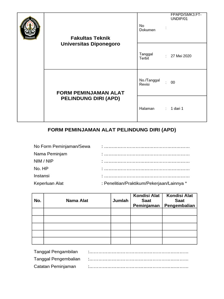 Form Peminjaman APD Fakultas Teknik | PDF