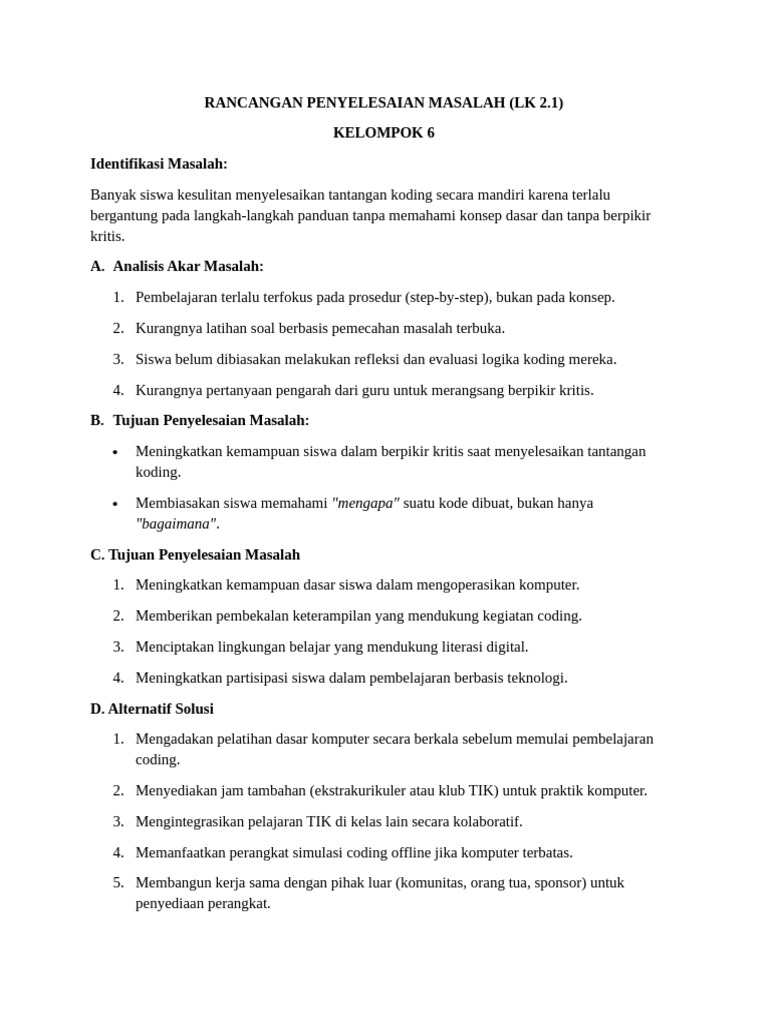 Modul 2 Lembar Kerja 2.1 Membuat Rancangan Penyelesaian Masalah (Studi Kasus) . | PDF