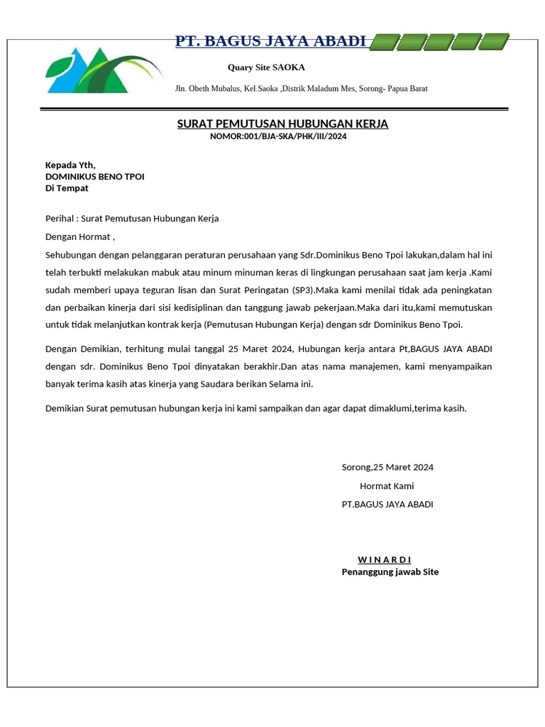 Contoh SURAT PHK | PDF