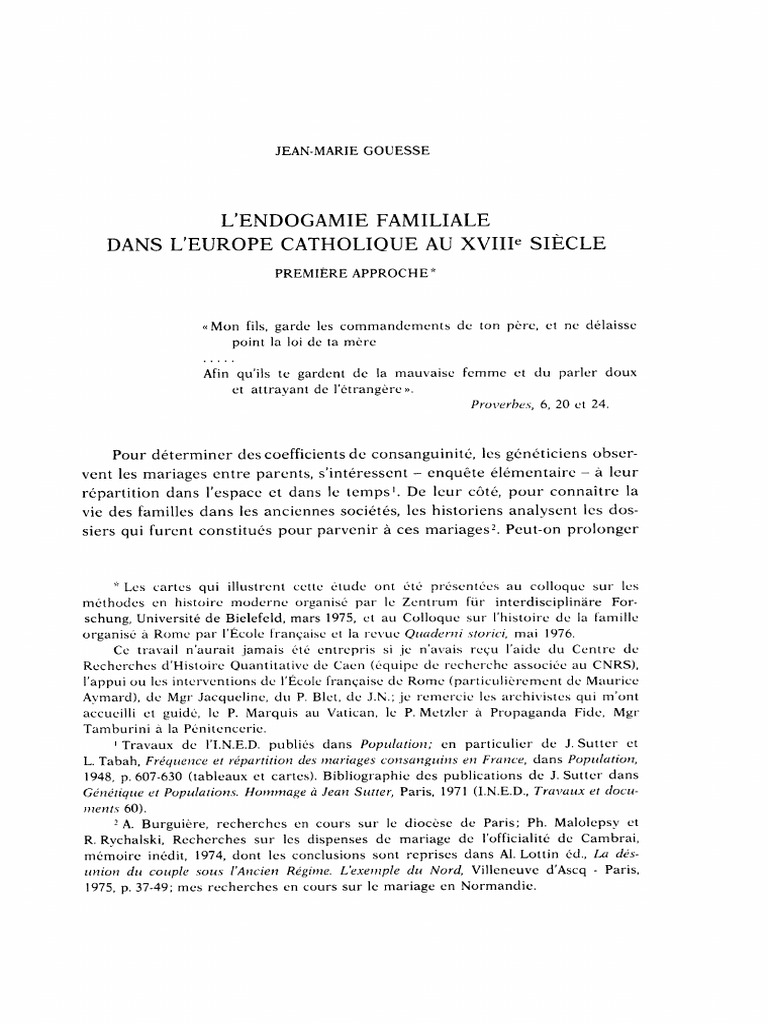 L'endogamie Familiale Dans L'europe Catholique Au XVIIIe Siècle | PDF