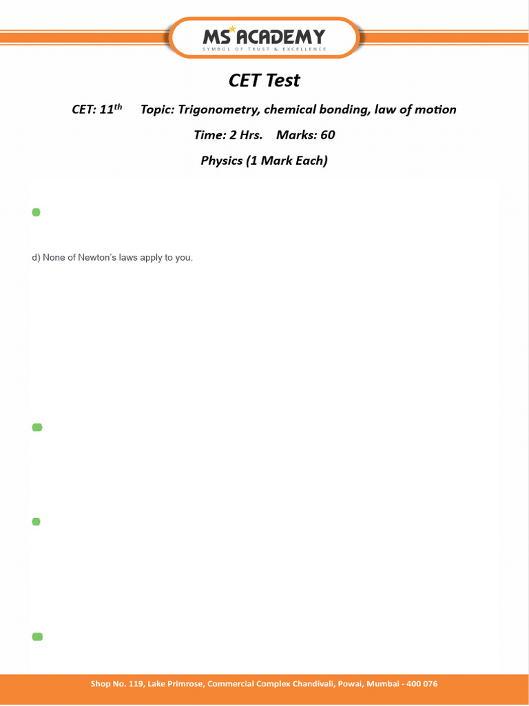 CET Major Test - Trigonometry, Chemical Bonding, Law of Motion | PDF ...