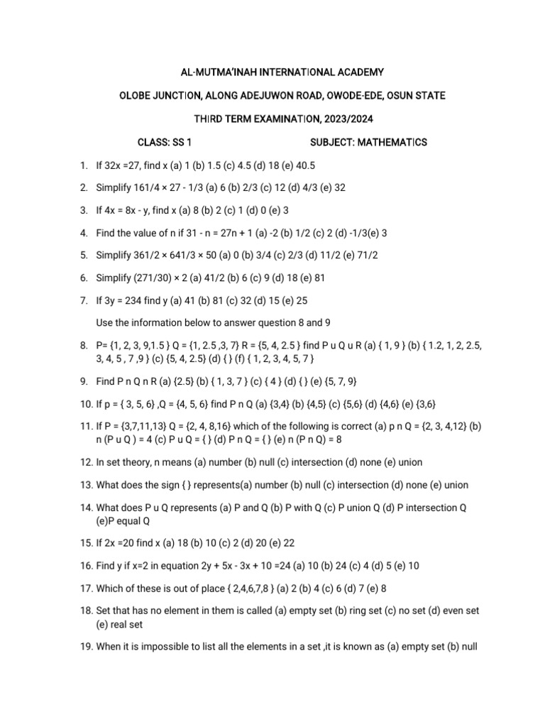 Ss1 Mathematics 3rd Term Examination | PDF | Empty Set | Mathematics