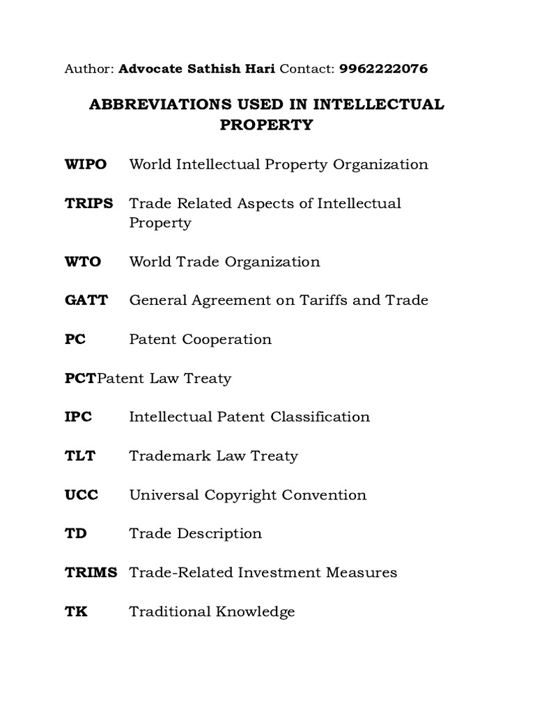 Ip Conventions and Abbreviations | PDF | Patent | World Intellectual ...
