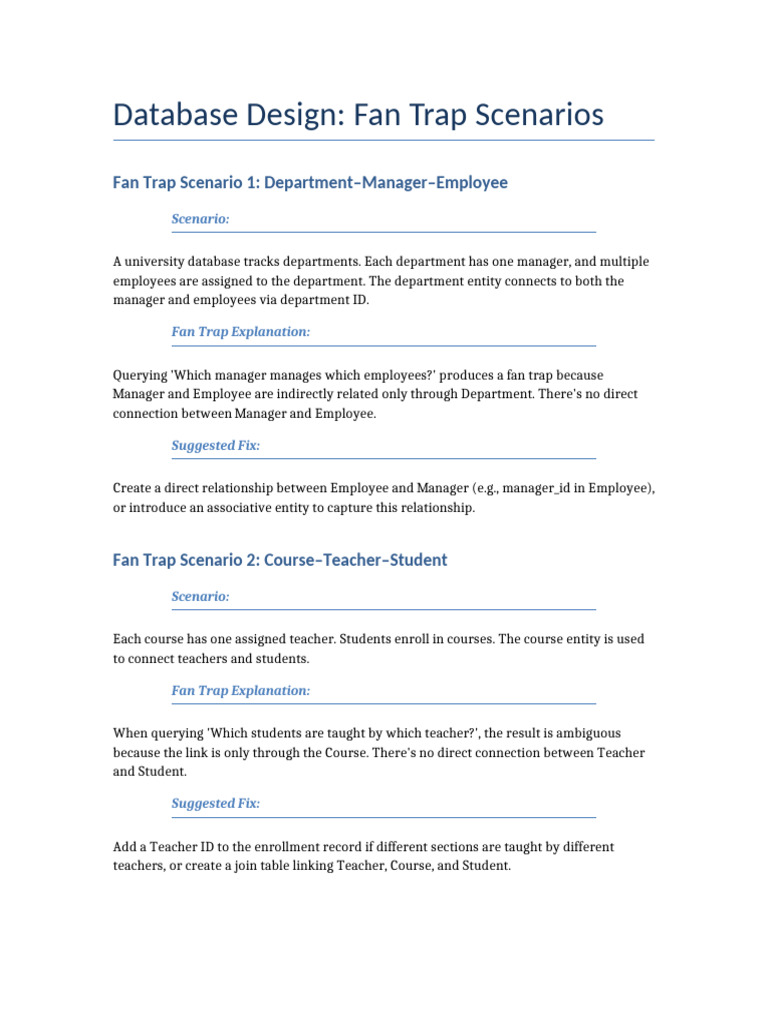 Fan Trap Scenarios Database Design | PDF