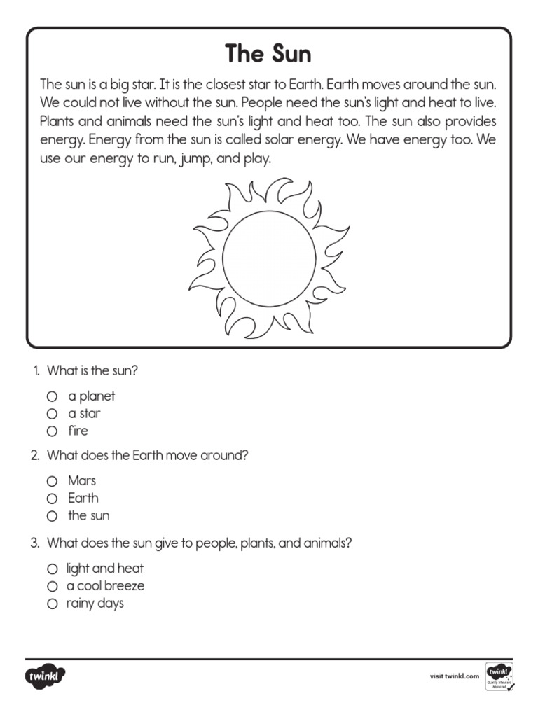 BW First Grade The Sun Reading Passage Comprehension Activity | PDF