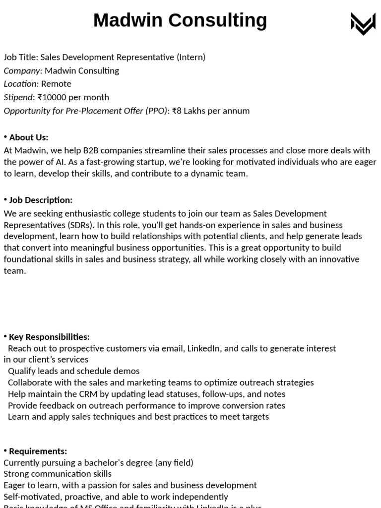 Sales Intern Opportunity at Madwin Consulting | PDF