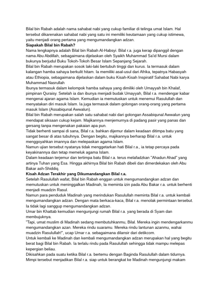 Kisah Bilal bin Rabah dan Adzan Terakhir | PDF