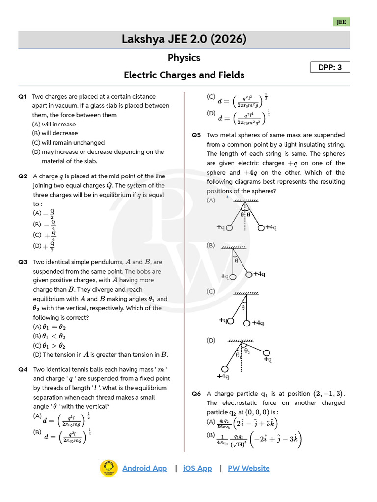 Electric Charge and Field DPP 03 PDF | PDF | Force | Mechanics