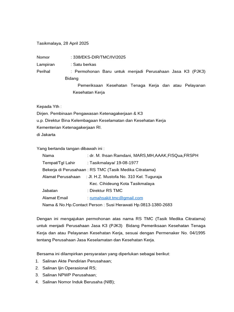 Surat Permohonan Pjk3 Klinik | PDF