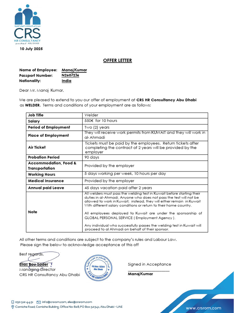 Manoj Kumar - Offer Letter - Welder | PDF